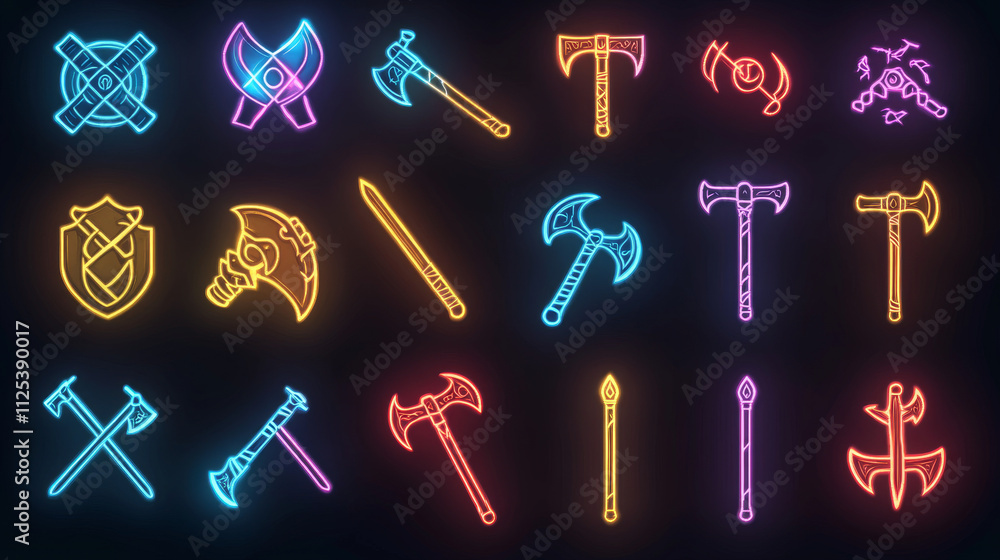 Foto de Stock Viking game props icons, neon glowing medieval battle axe, mace, wine horn, helmet ...