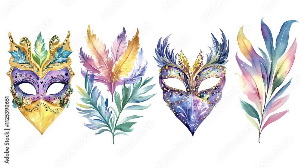 Mardi gras carnival symbols, watercolor clipart illustration with ...