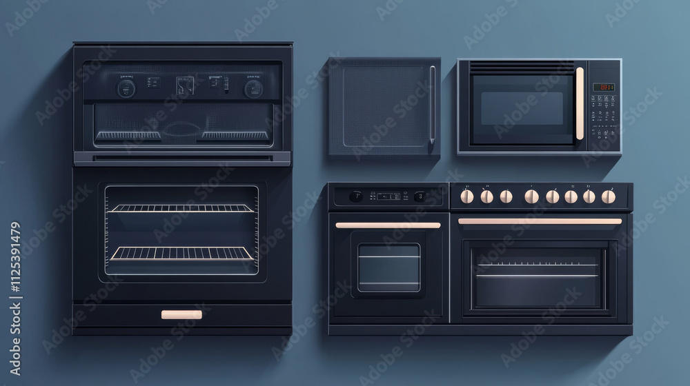 Electric stove, induction cooking panel with oven front and top view ...