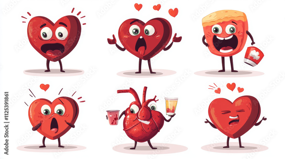 Cute heart organ cartoon character isolated set. Healthy and disease cardiological illustration ...