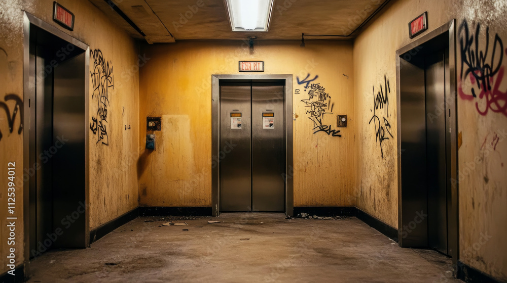 Ilustración de Stock Old dirty hallway with open and closed elevator ...