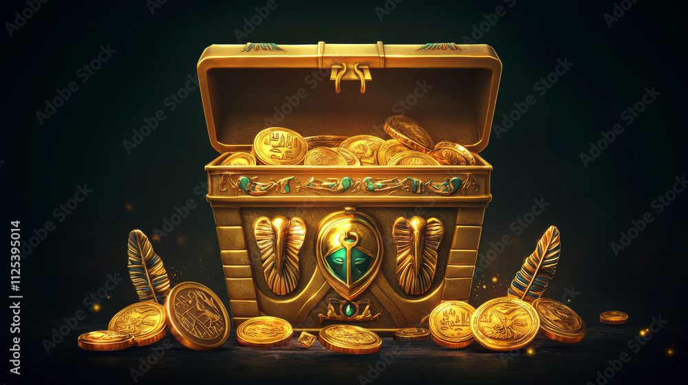 Ancient Egyptian treasure chest and gold coins. Game icons of closed ...