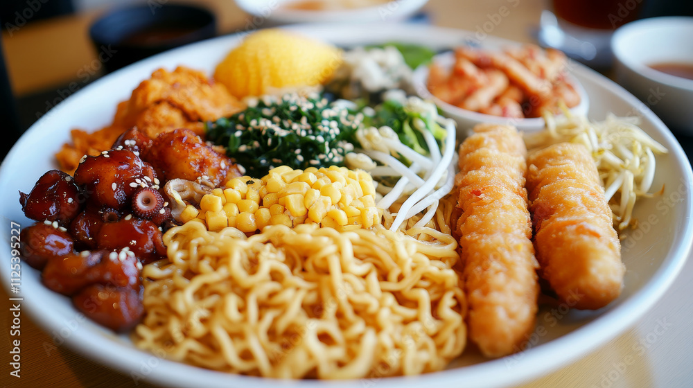 Asian and Korean food. Noodle and soup meal set. Chinese restaurant ...