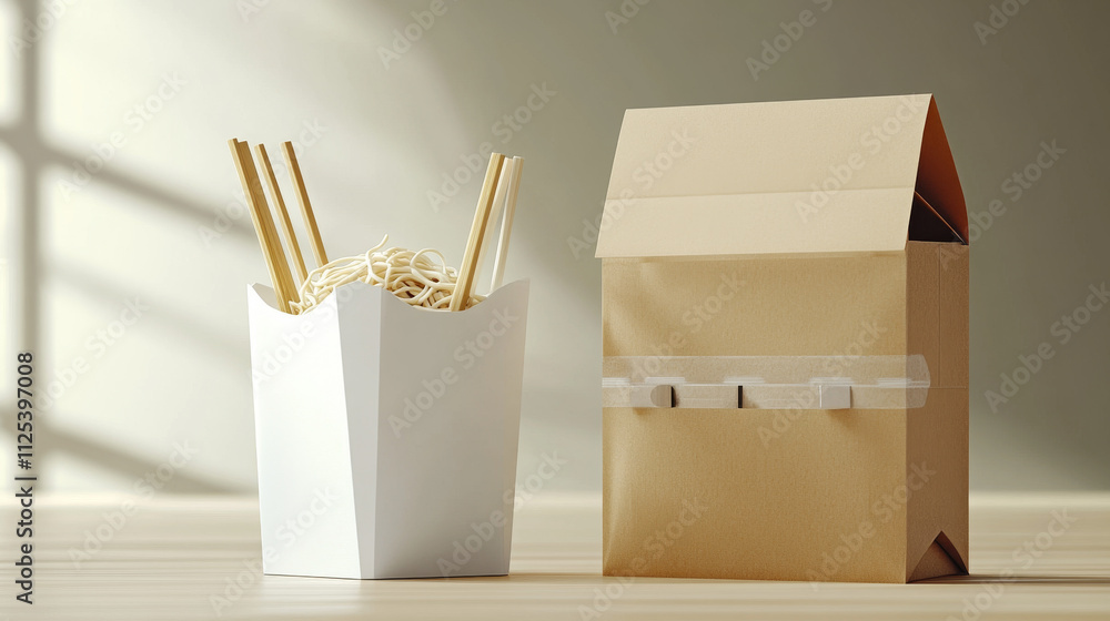 Chinese food take away box. White noodle package mockup. 3d takeaway ...