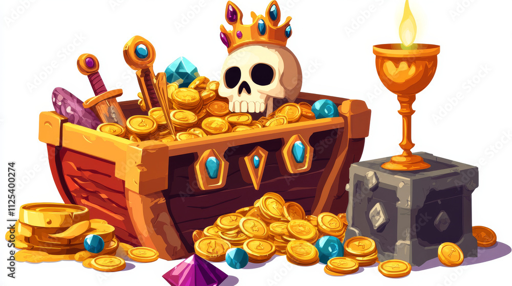 Stock-Illustration „Cartoon treasure chest with golden coins, crystal ...