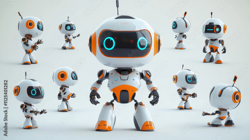 Cute robot cartoon character with different poses and face emotions. Vector illustration set of ...