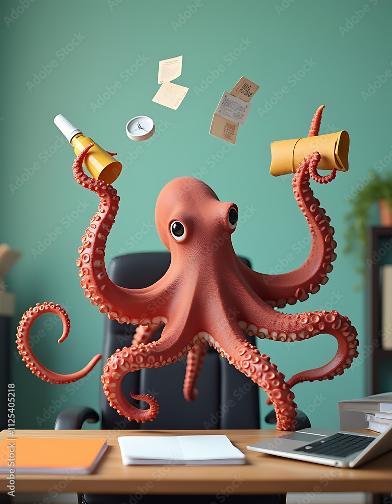 An octopus juggling office supplies on its desk represents multitasking ...