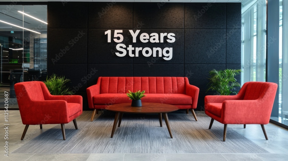 Happy work anniversary in the office. A modern lounge area featuring a vibrant red sofa and ...