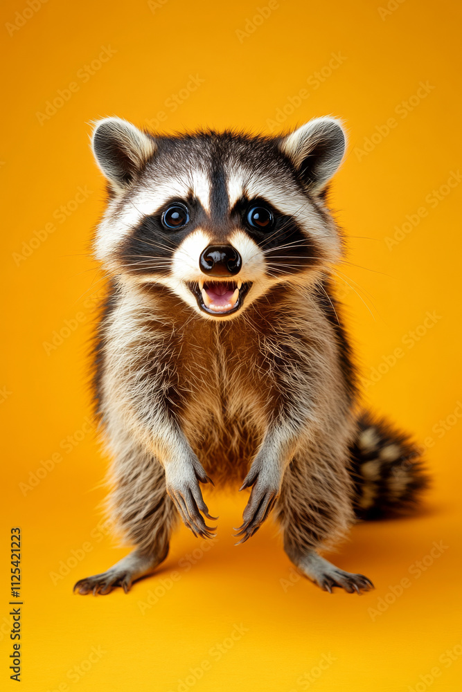 Surprised and angry raccoon isolated on an orange background, with its ...