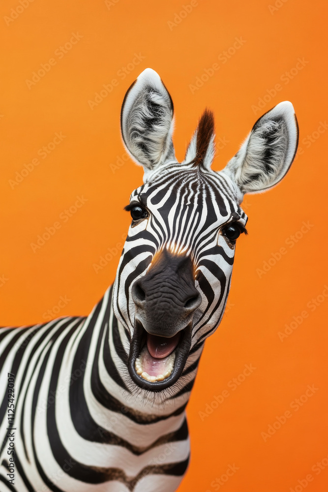 Angry and surprised zebra isolated on an orange background, with wide ...