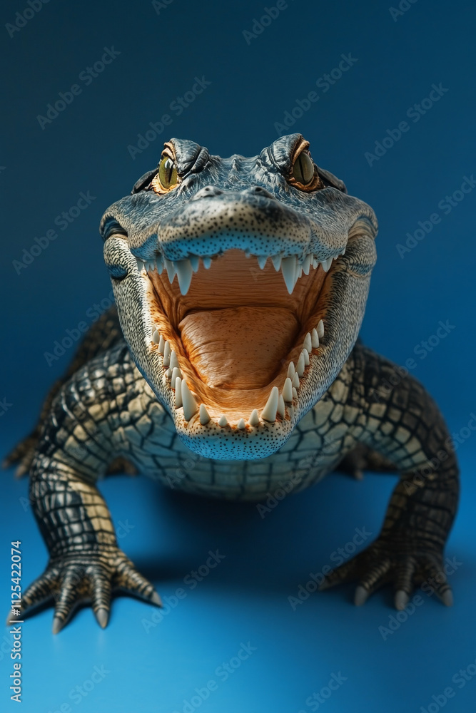 Angry and surprised alligator isolated on a blue background, with mouth ...