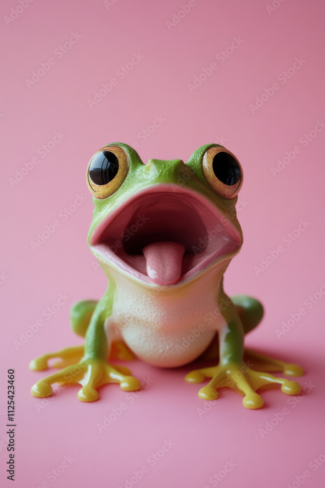 Angry and surprised frog isolated on a pink background, with bulging ...