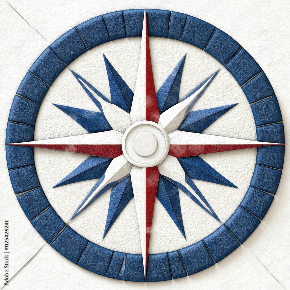 Compass rose design with blue, red, and white colors on a textured white background. Symbol of ...
