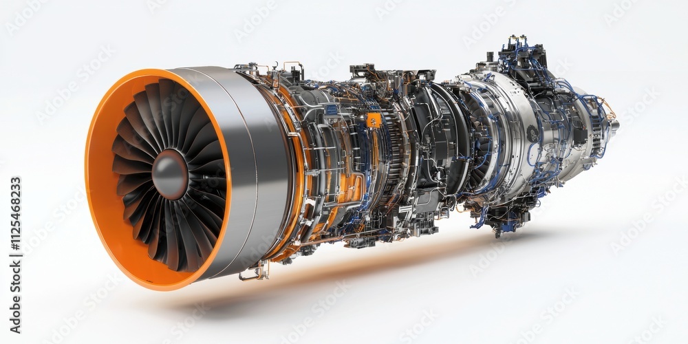 Jet turbine engine component showcase industrial setting detailed close ...