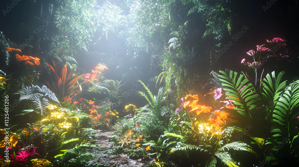 A vibrant AI-generated jungle filled with oversized luminescent plants ...
