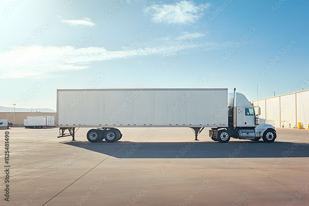 Semi-trailer truck parked in a maintenance lot, with a focus on tire ...