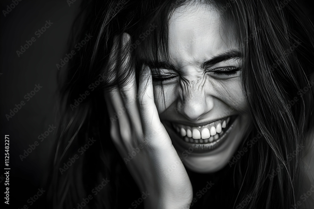 Shy woman laughing, half-hiding her face with a playful expression ...