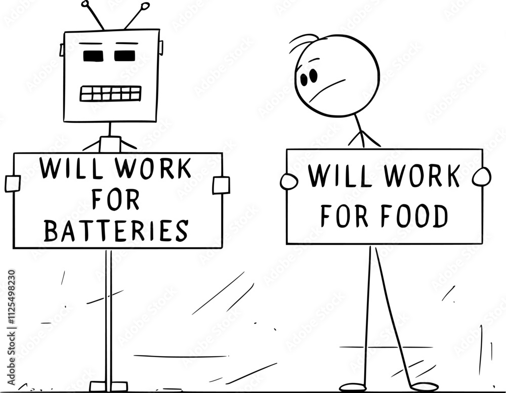 Robot and human workers looking for work or job , vector cartoon stick ...