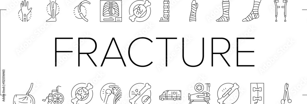 fracture injury bone break icons set vector. trauma healing, cast pain ...
