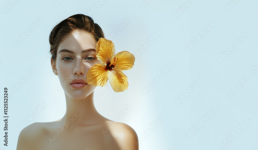 Horizontal large portrait of a young woman with blue eyes and freckles ...