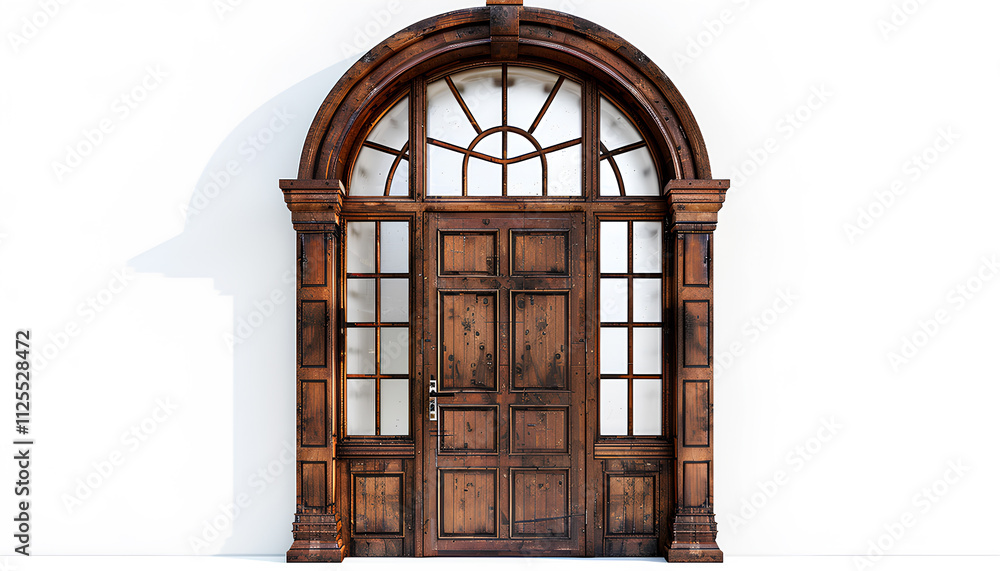 Beautiful old-fashioned wooden door and transom window isolated on ...