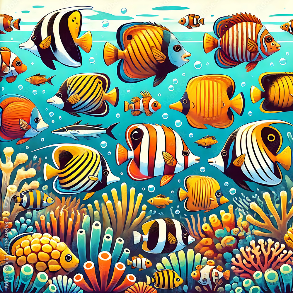 underwater reef with different types of coral fish swimming between the ...