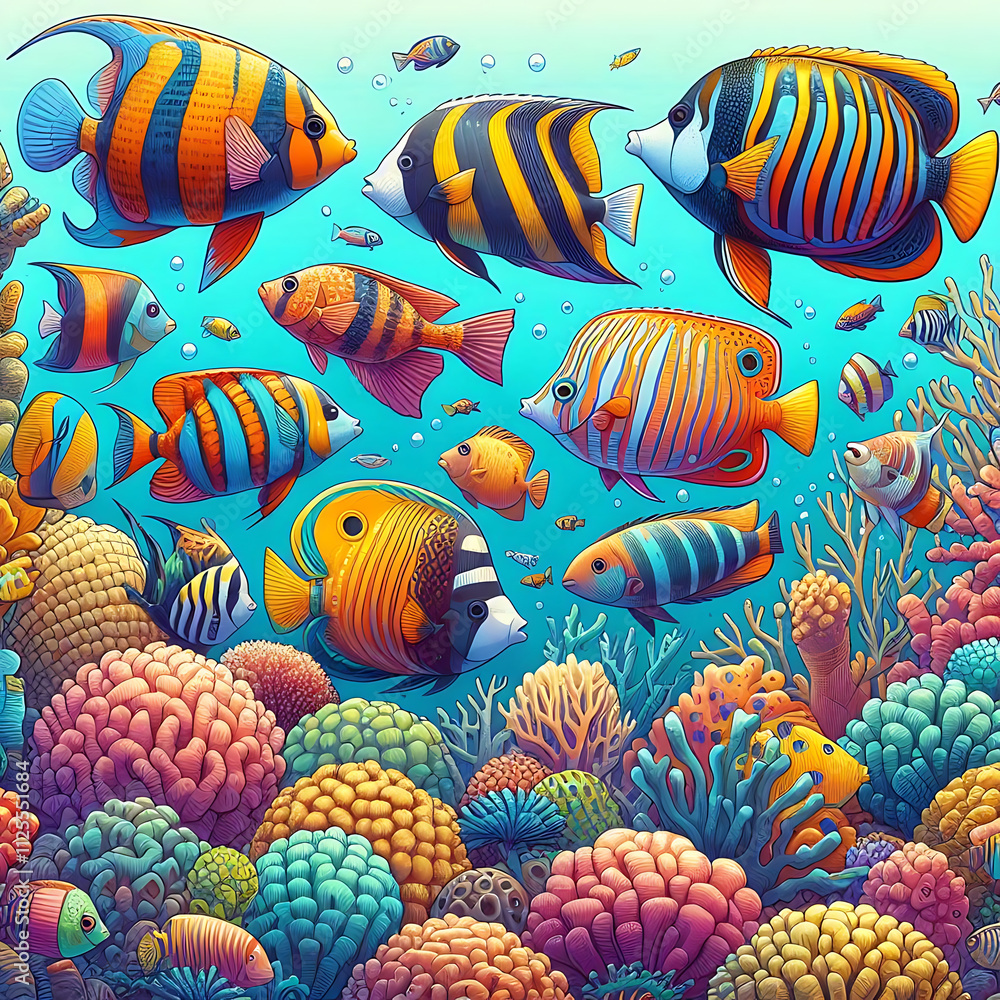 underwater reef with different types of coral fish swimming between the ...