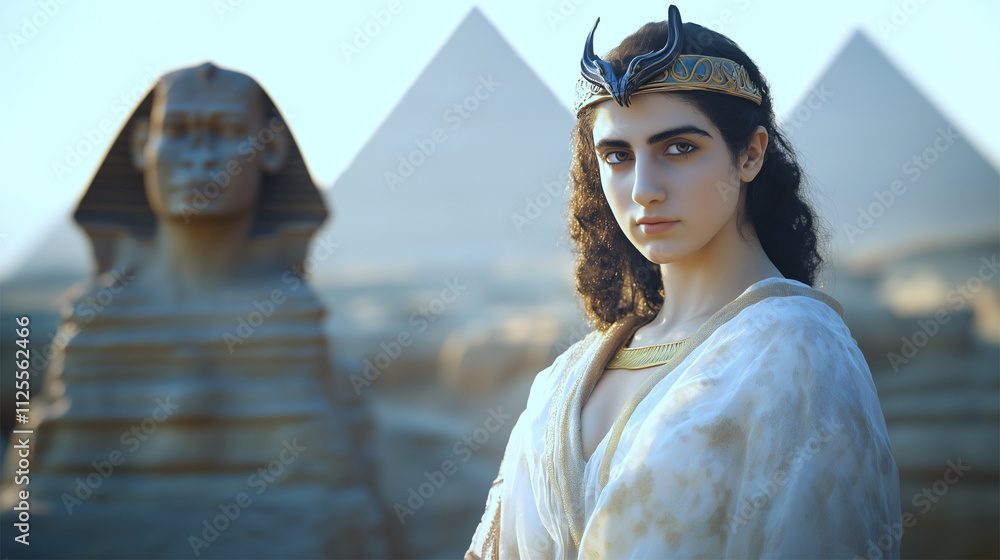 Cleopatra VII standing before the Great Sphinx of Giza, her face based ...