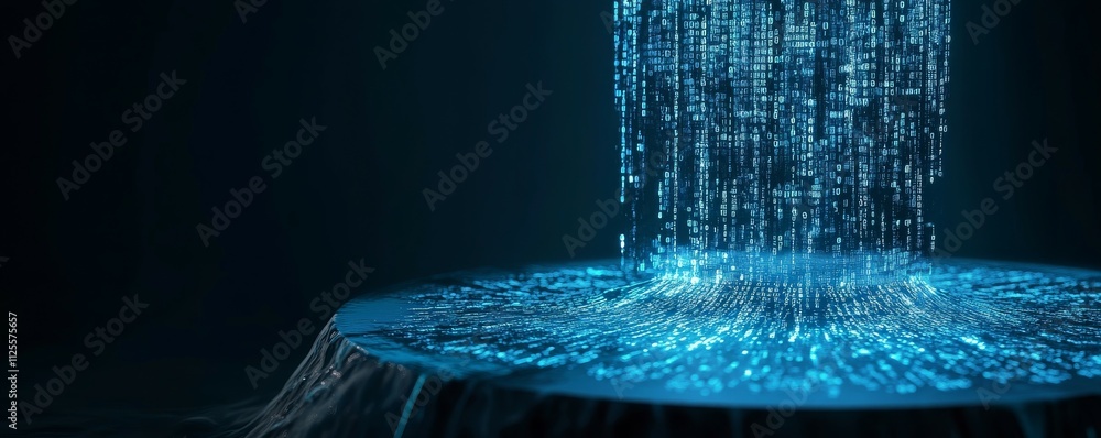 Data leak visualization, glowing binary code pouring from broken cloud ...