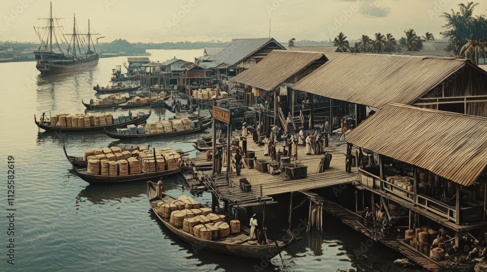 Bustling waterfront trading port with boats, cargo, and colonial ...
