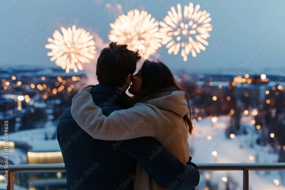 In a winter wonderland, a couple shares a kiss while vibrant fireworks ...