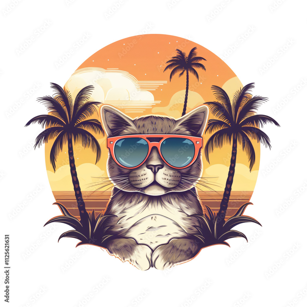 Cool retro illustration cat wearing sunglasses palm trees tropical ...