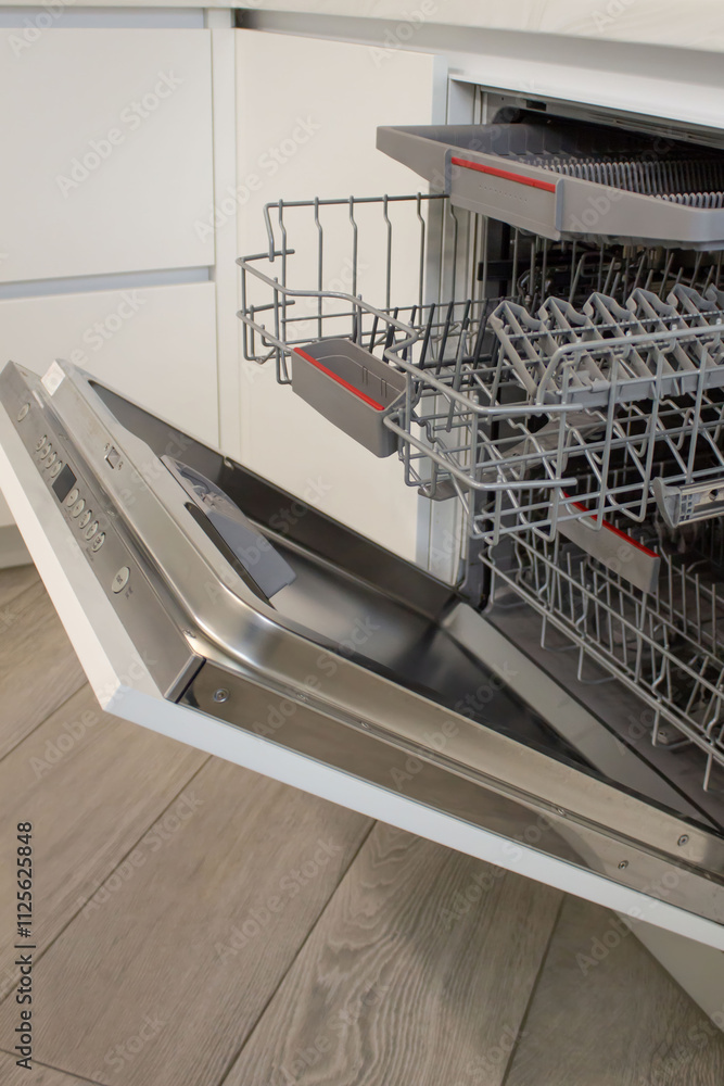Modern dishwasher with open door revealing organized racks and clean ...