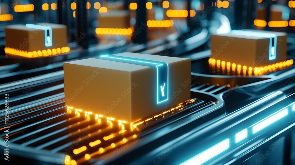 Futuristic supply chain system, warehouse with AR holograms marking ...