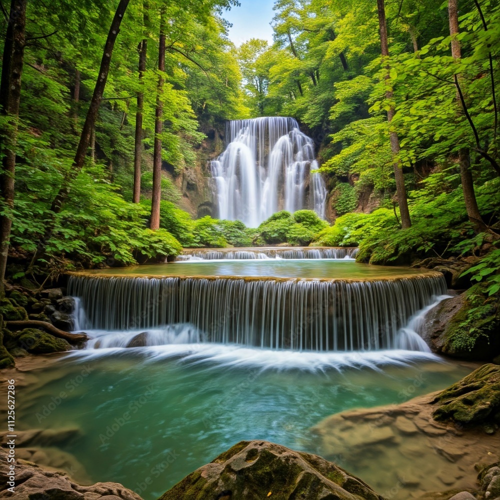 stunning landscape of a waterfall surrounded by lush green vegetation ...