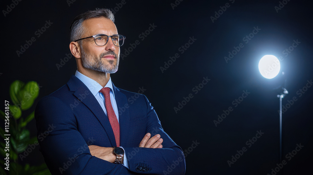 Confident business leader standing under spotlight, showcasing ...