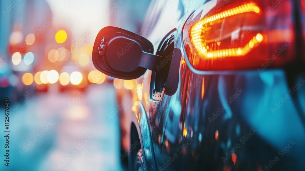 Fueling up car refueling at sunset in urban environment close-up shot ...