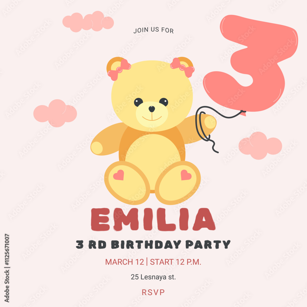 Image vectorielle Stock Invitation childrens birthday party with cute ...