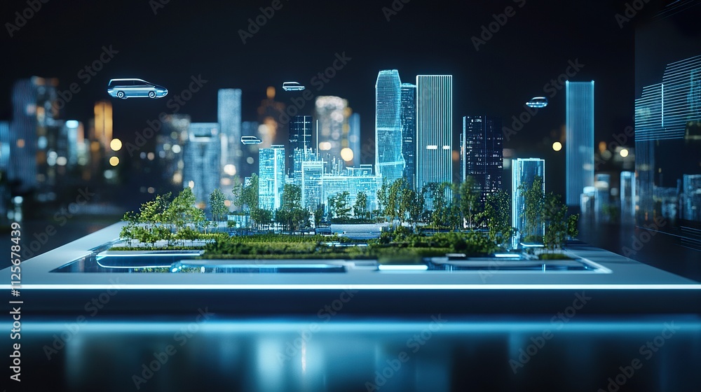 Futuristic smart city model with flying cars, buildings, and green ...