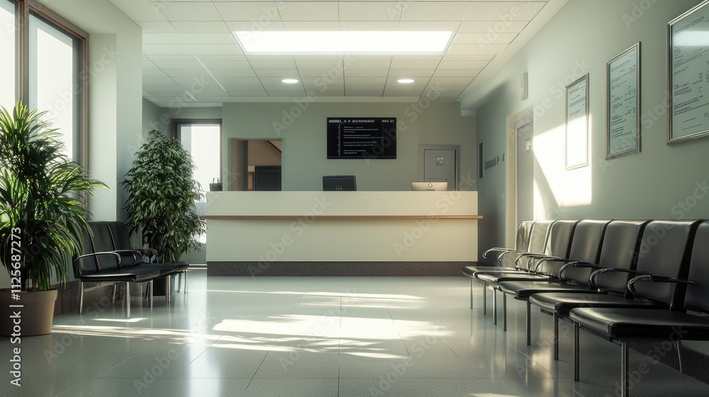 Hospital waiting room with reception counter at medical facility Stock ...