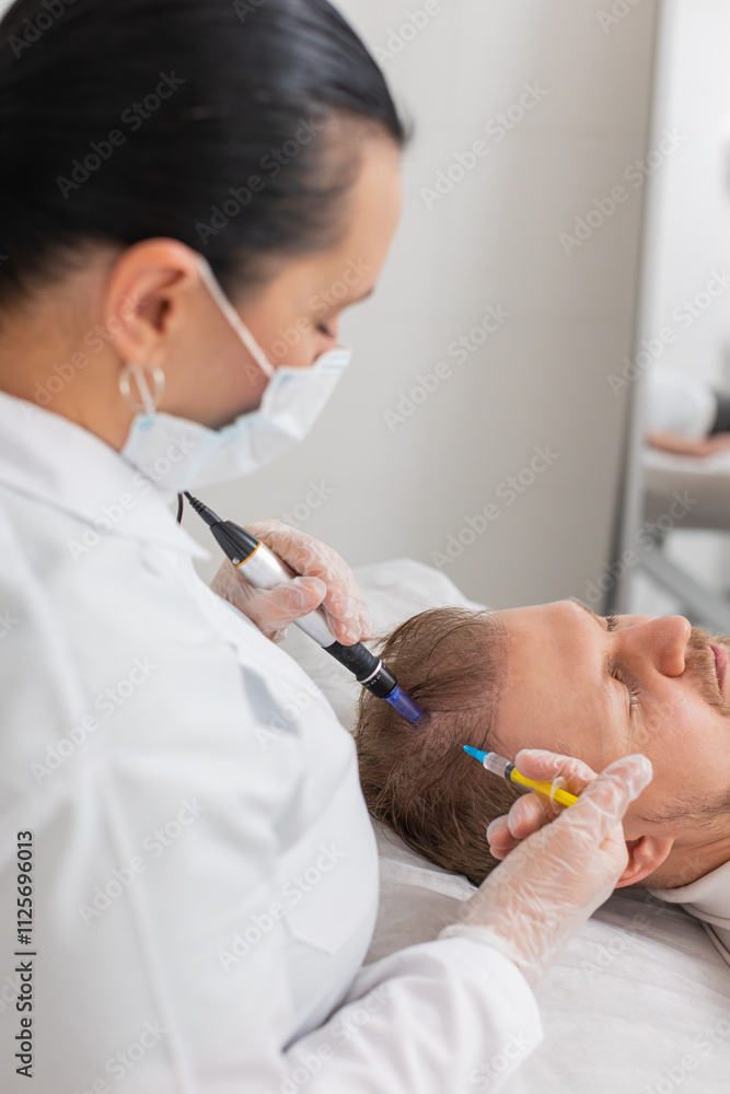 Alopecia. Man hair loss improve growth treatment regeneration, dermapen ...