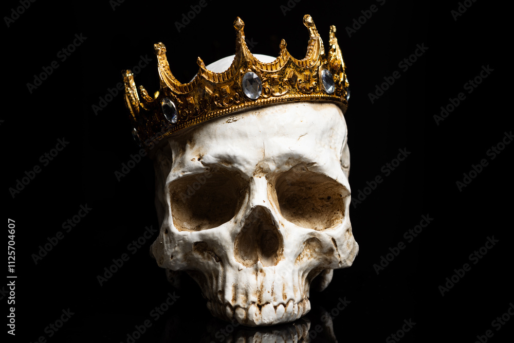 An isolated front view of the skull of a king or queen monarch wearing ...