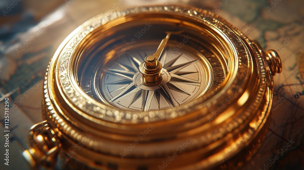 A detailed gold compass rests on an ancient map, symbolizing ...