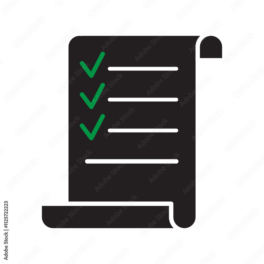 Checklist scroll icon. Tick marks illustration. Black and white vector ...