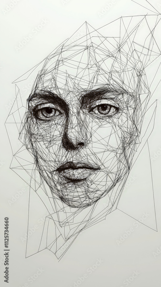 Abstract face with angular lines on grey background, evoking emotion ...