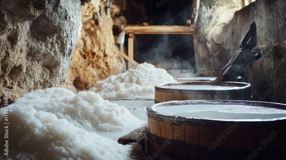 Traditional salt production process with wooden tubs and mineral-rich ...