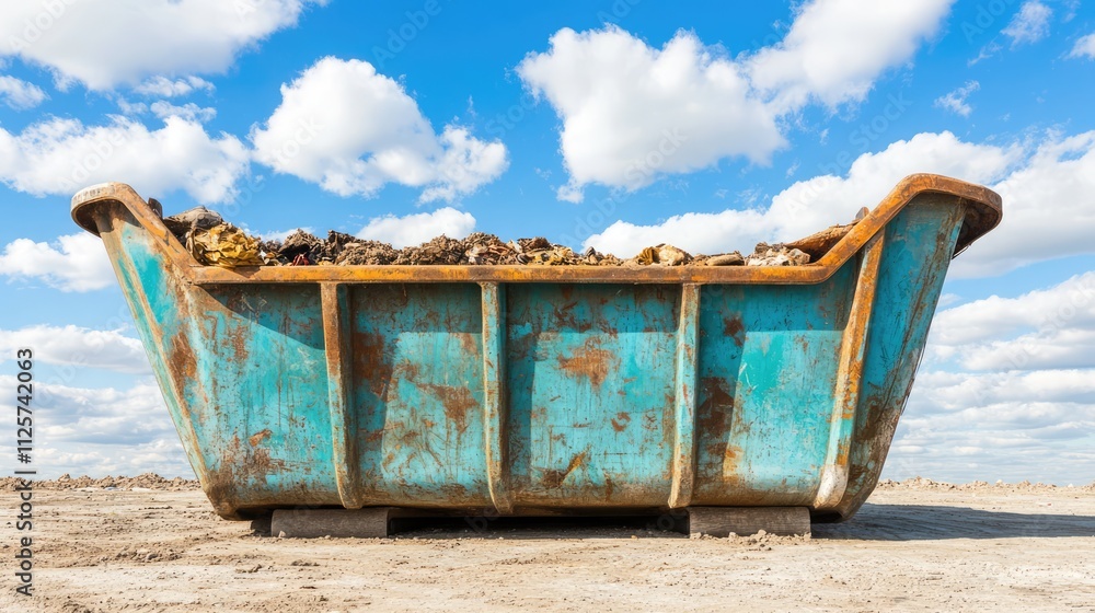 Construction site garbage container filled with debris and construction ...