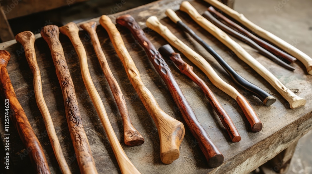 Craftsmanship of traditional wooden walking sticks showcasing various ...