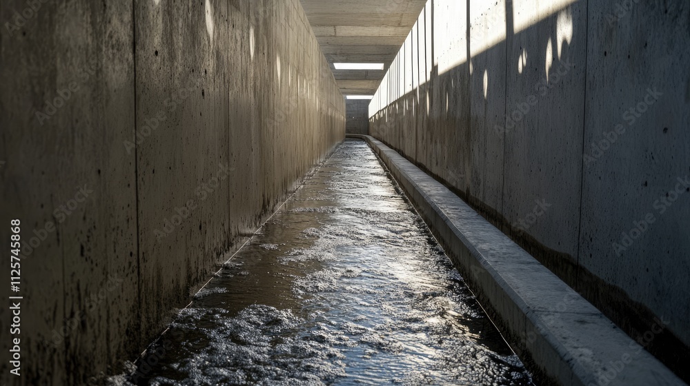 Cement ditch with flowing fluid in modern treatment facility showcasing ...