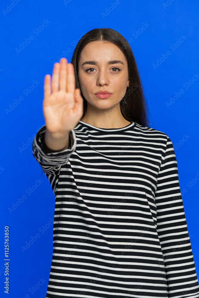 Stop, enough. Woman say no hold palm folded crossed hands in finish ...